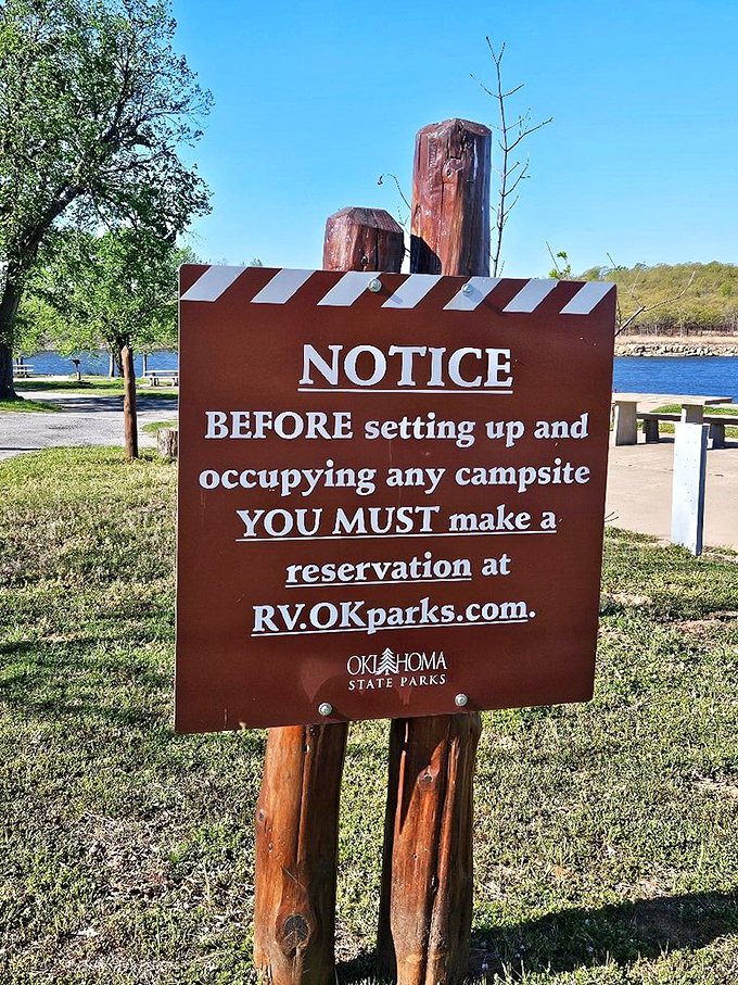 The sign says "reservation required," but the lake says "relaxation guaranteed." A fair exchange in the currency of outdoor living.