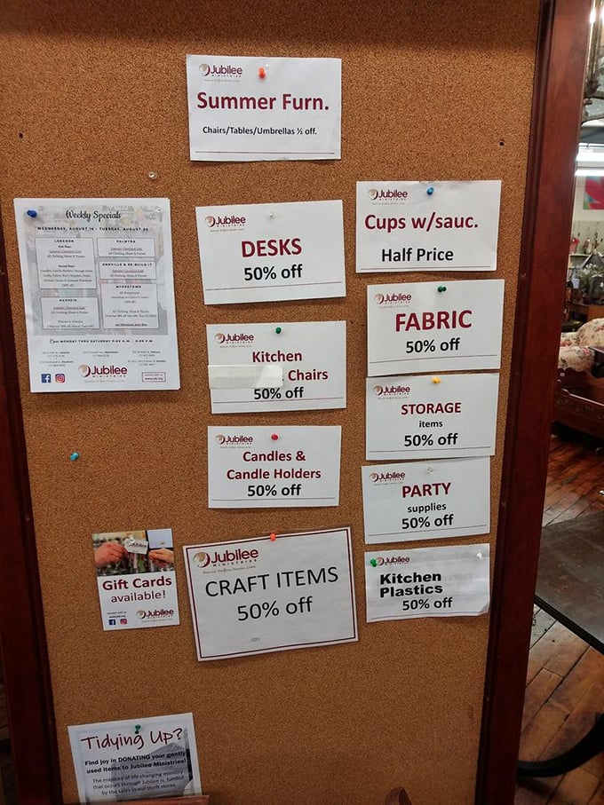 Sale central! This bulletin board of bargains reveals the method behind the thrifting madness. Half-price kitchen chairs? Yes, please!