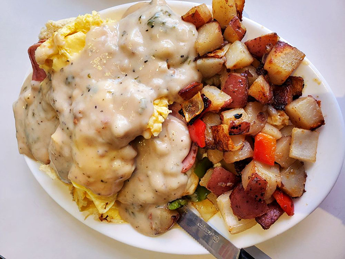 When your breakfast needs its own area code. That gravy doesn't just cover your food &ndash; it embraces it like a warm hug.