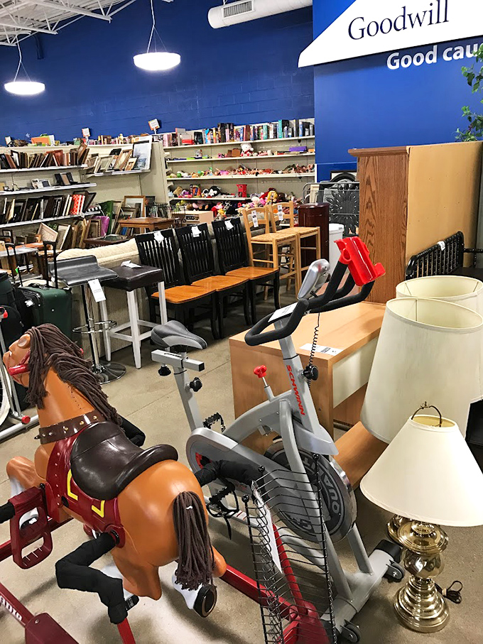 Exercise equipment and furniture share space in perfect harmony. Someone's abandoned fitness journey could be the beginning of your home gym.