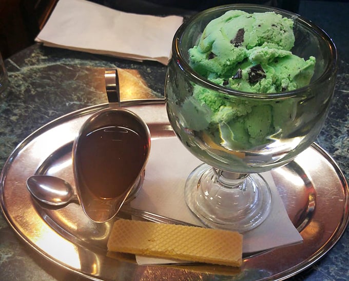 Mint chocolate chip served with its own pitcher of hot fudge - nature's perfect flavor pairing presented with the respect it deserves.