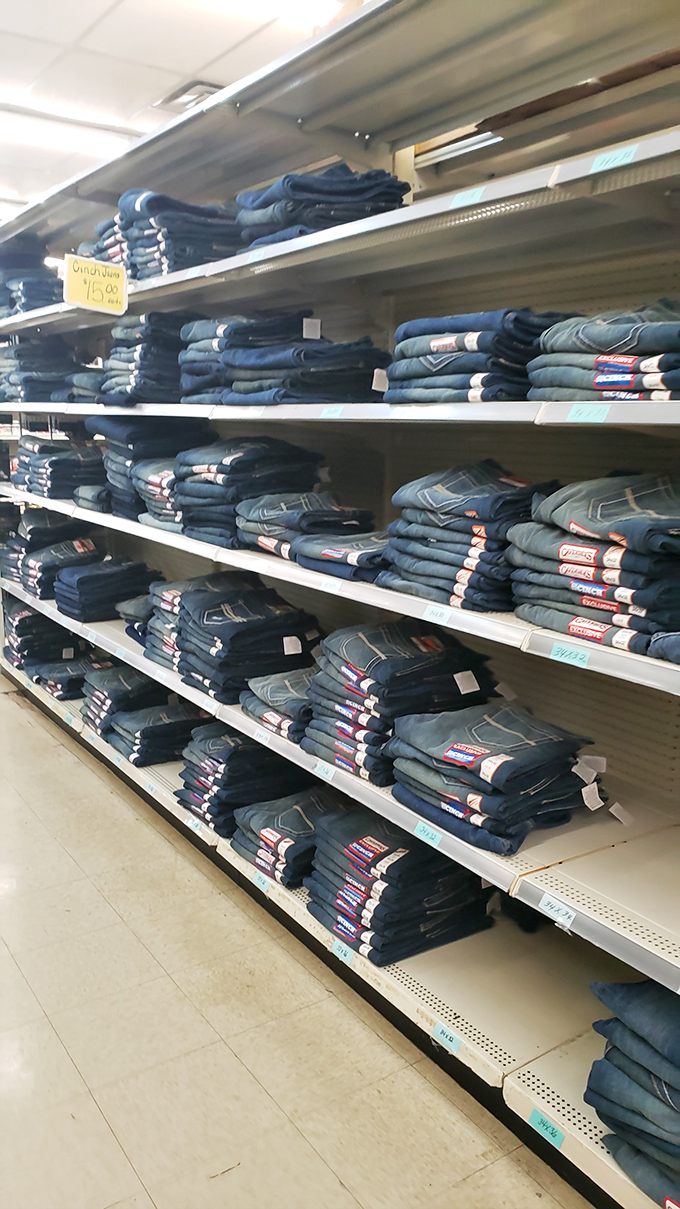 Denim stacked with military precision. The jeans section is like a blue cotton fortress guarding against the high prices of mall stores.