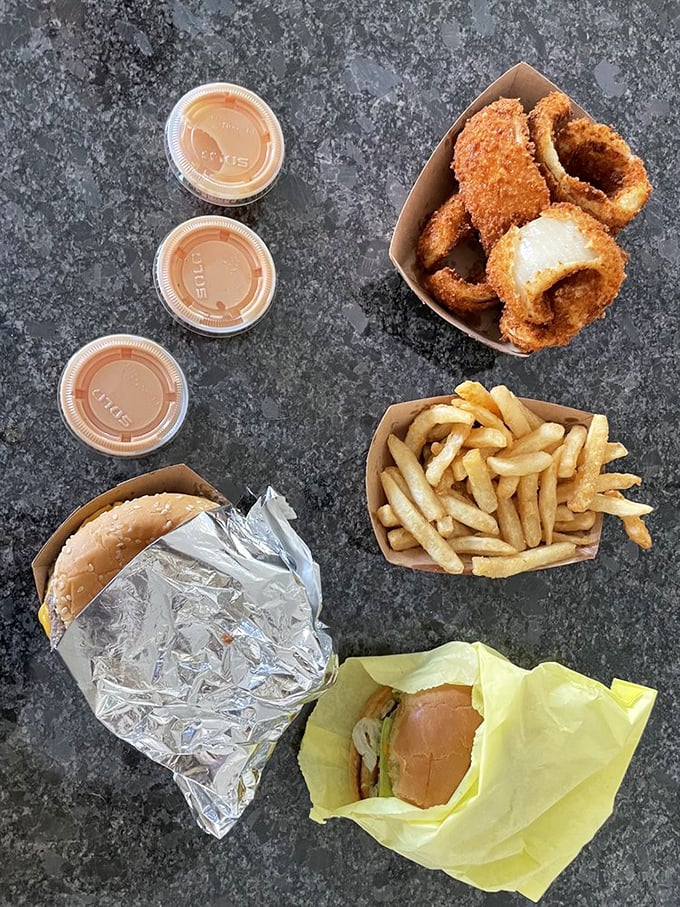 The full spread&mdash;a feast fit for royalty served in humble paper boats. This isn't just lunch; it's an American tradition on a tray.