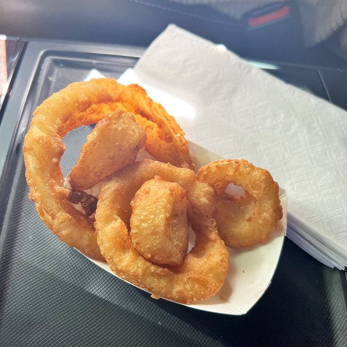 Onion rings so perfectly golden they deserve their own trophy case - crispy halos of happiness that make sharing a cardinal sin.