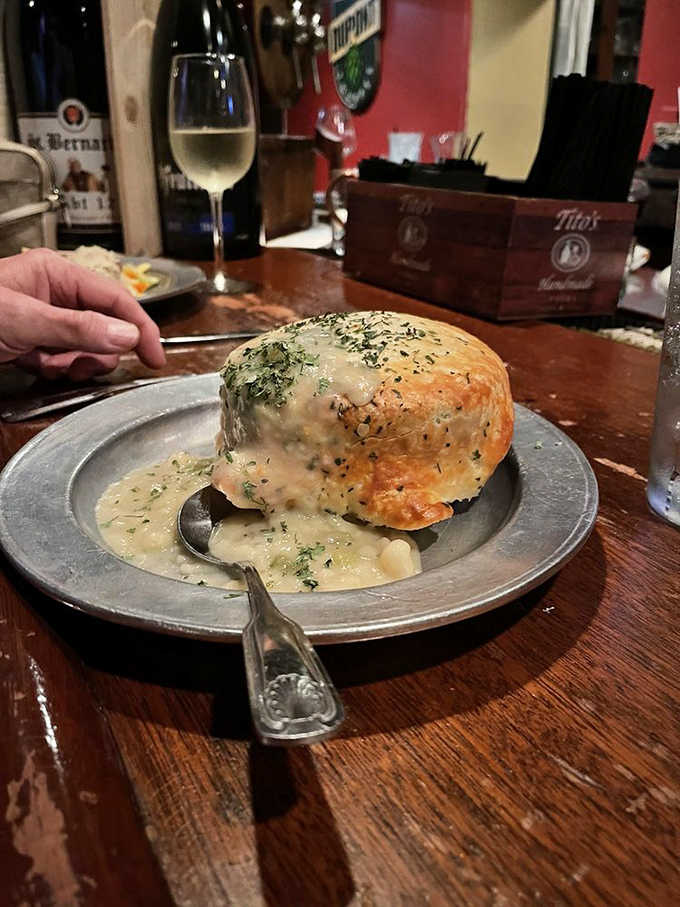 This pot pie isn't just dinner—it's edible architecture, a domed cathedral of pastry sheltering savory treasures beneath its golden roof.