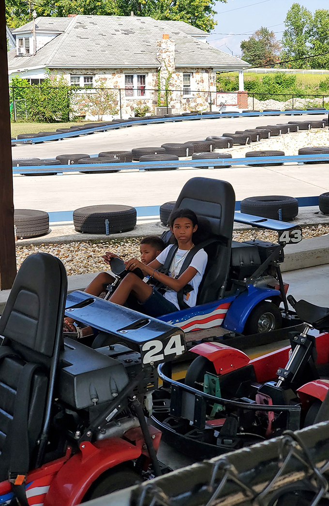 Future NASCAR stars getting their start! These young racers are learning that sharing the track is just as important as winning.