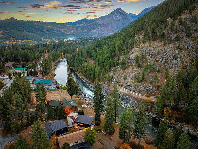 The Wenatchee River carves through pine-covered hillsides, offering a wild backdrop to a town that looks like it was plucked from a fairytale cuckoo clock.