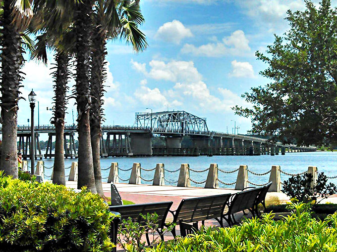 The Woods Memorial Bridge stretches across the water like a mechanical centipede, connecting Beaufort to its barrier island neighbors.