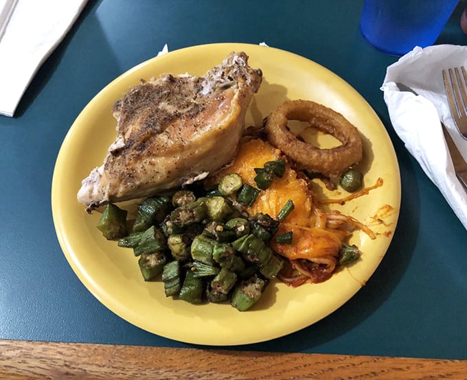 Simple yet spectacular&mdash;perfectly seasoned chicken, okra, and an onion ring that could double as jewelry, all on a sunny yellow plate.