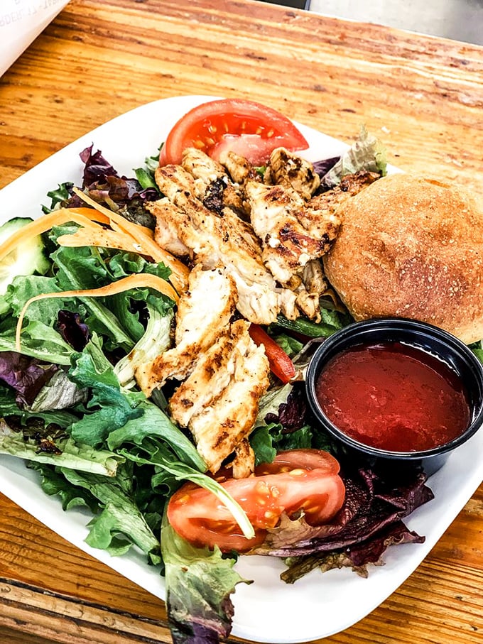 A lunch offering that doesn't play second fiddle to breakfast&mdash;fresh greens, juicy tomatoes, and grilled chicken that could convert even die-hard breakfast loyalists.