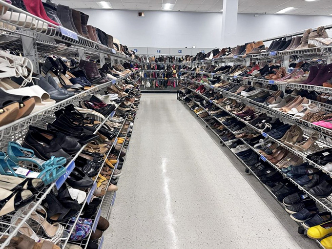 Shoe paradise stretches as far as the eye can see—a footwear fantasyland where practical flats and statement heels await their Cinderella moment.