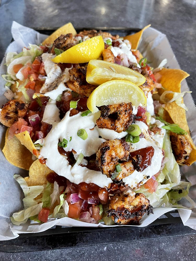 Shrimp nachos that make you wonder why you wasted years eating regular nachos. The upgrade you never knew you needed.