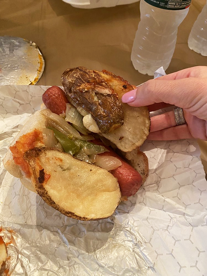 If Da Vinci had designed a hot dog, it might look like this&mdash;the potatoes, the sauce, the strategic onion placement. Pure genius.