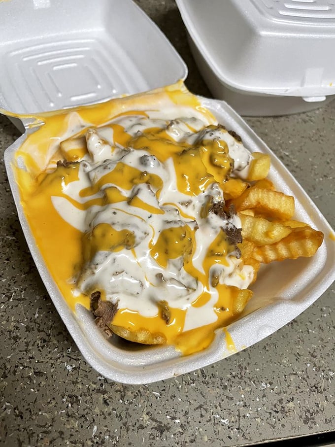 These aren't just fries - they're a canvas for cheese sauce, ranch drizzles, and steak pieces. A fork-worthy side that's stealing the show.