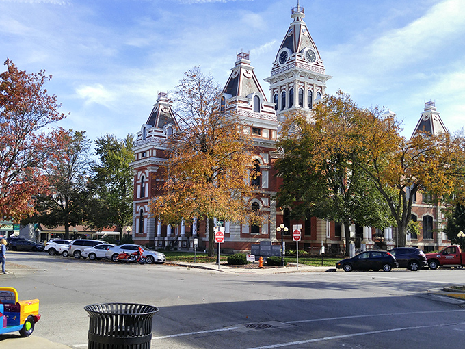 Fall colors frame the Livingston County Courthouse, proving that Mother Nature is Pontiac's most talented decorator, working strictly for seasonal applause.