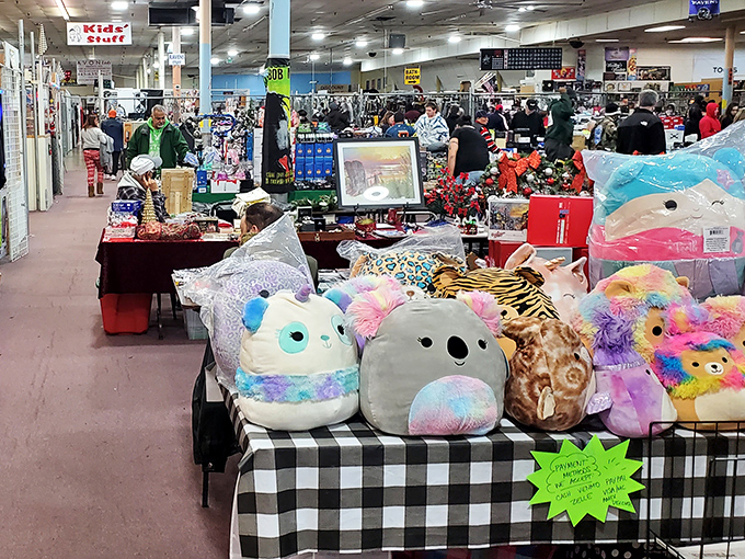 Plush paradise! These cuddly creatures wait patiently for new homes, their hopeful button eyes scanning the crowd for the right match.