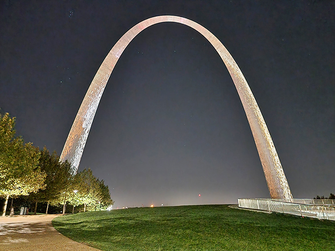 St. Louis' Gateway Arch glows majestically against the night sky&mdash;the official starting line for westward adventures through Missouri.