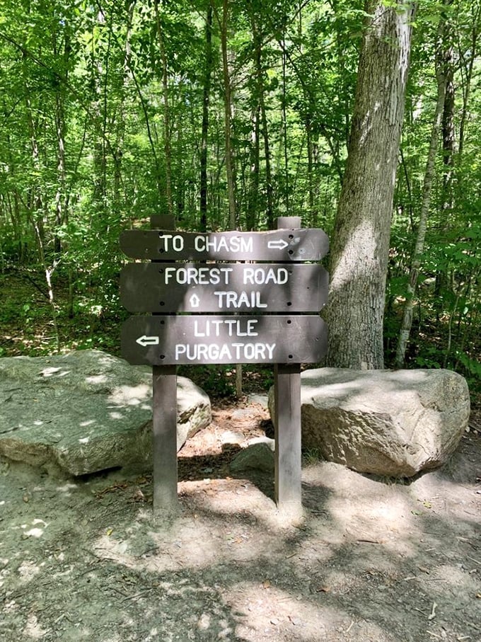 "To Chasm" &ndash; two simple words that promise an extraordinary experience. The wooden sign points the way to Massachusetts' most dramatic natural wonder.