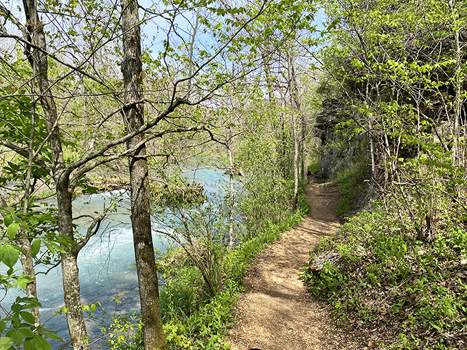 The hiking trail hugs the riverbank, offering views that make stopping to catch your breath a pleasure rather than a necessity.