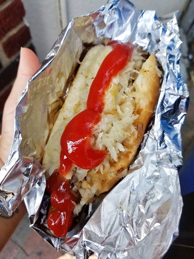 The glorious symmetry of a well-dressed hot dog&mdash;every bite promises the perfect ratio of snap, chew, and condiment coordination.