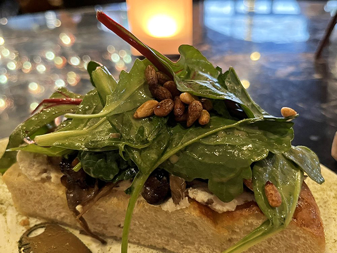 This bruschetta whispers sweet nothings of earthy mushrooms and peppery arugula atop a canvas of perfectly toasted bread.