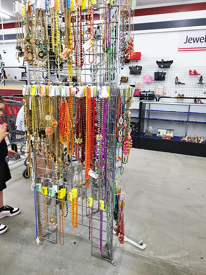 A jewelry display that would make Elizabeth Taylor pause. Each necklace carries stories from proms, anniversaries, and "just because" moments of decades past.