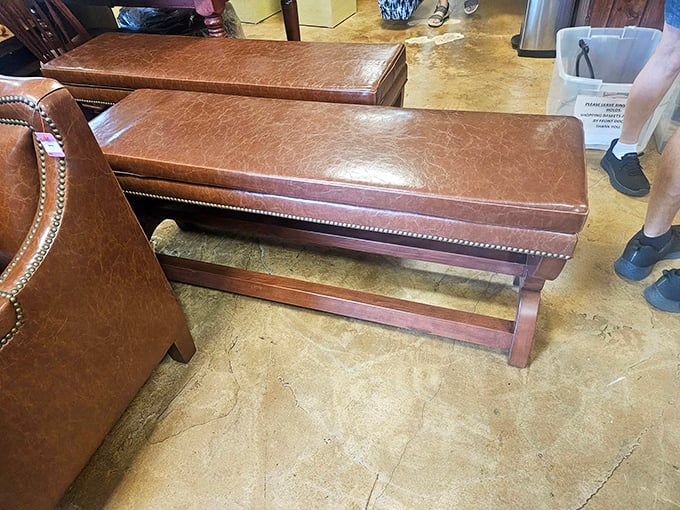 These leather benches aren't just for sale&mdash;they're strategically placed for when your spouse says "just five more minutes" for the third time.