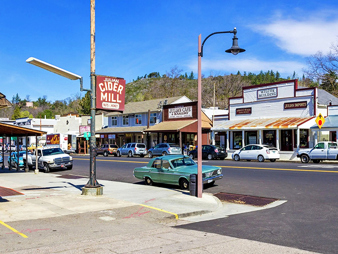 Julian's Cider Mill sign stands as a beacon for apple enthusiasts. In autumn, this street becomes California's answer to New England.