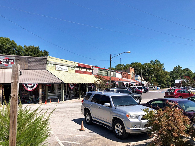 Bell Buckle's storefronts wear their patriotic bunting like Sunday best. Norman Rockwell would've set up his easel right here.