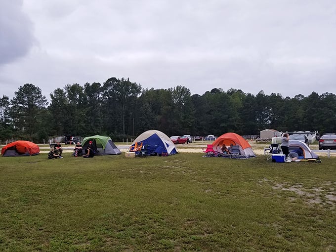 Camping tents dot the landscape, turning movie night into a full weekend adventure for dedicated film enthusiasts.