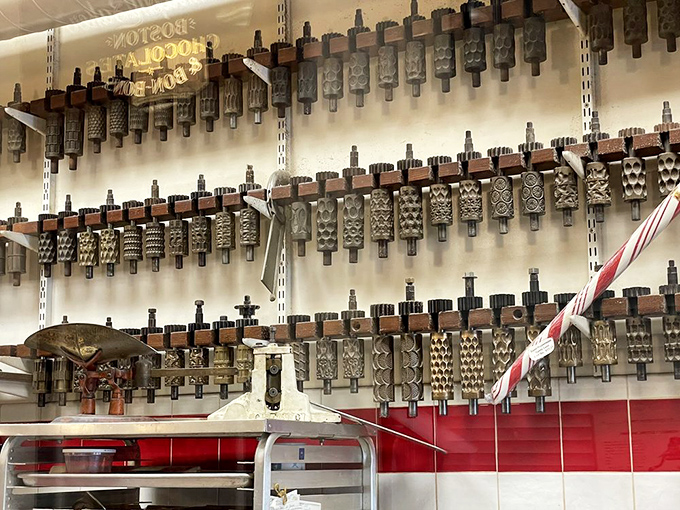 Hundreds of vintage candy molds line the walls like trophies of sweetness, each with stories older than most Indiana buildings.