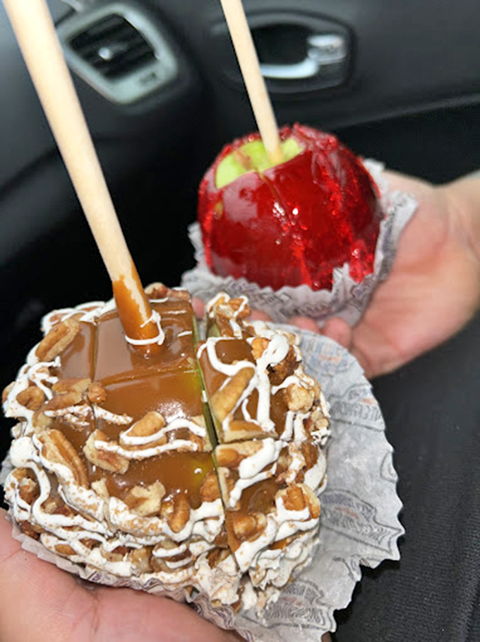 The car becomes an impromptu dining room when caramel apples are involved. Some pleasures simply can't wait for more formal settings.