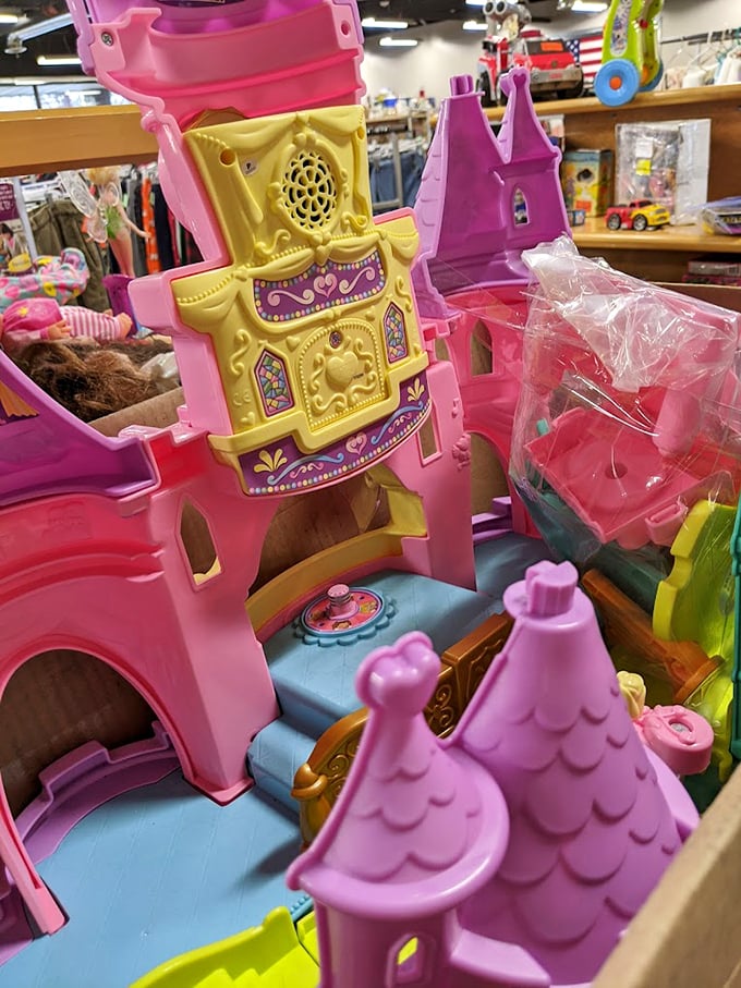 Pink castle dreams await! This princess piano vanity proves that royal imagination never goes out of style, especially at thrift store prices.