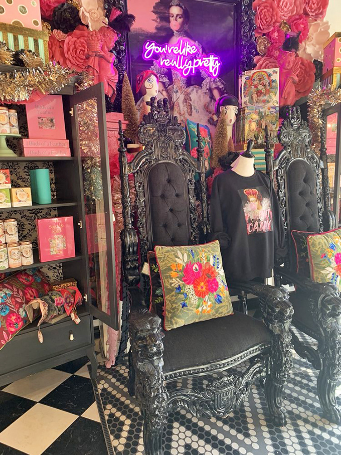 "You're like really pretty" says the neon sign, which could be talking to you, the ornate throne chairs, or most likely, the surrounding confections.
