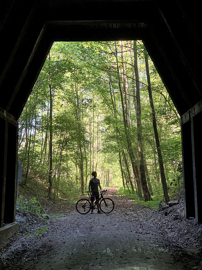 "Should I stay or should I go?" This cyclist contemplates the journey ahead, framed perfectly by the tunnel's dark embrace and the forest's welcoming light.