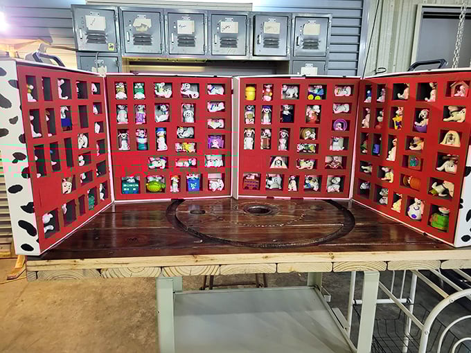 A collector's showcase of Dalmatian figurines arranged with museum-worthy precision. Someone's passion project on proud display. 