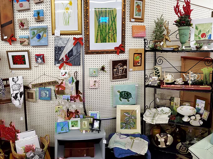 The pegboard gallery wall transforms ordinary items into an art installation worthy of a museum dedicated to everyday beauty.