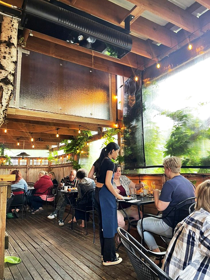 The outdoor patio feels like dining in a secret garden, where string lights and wooden beams create Portland's coziest breakfast nook. 