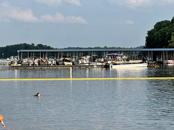 Boats resting peacefully at their moorings&mdash;this small marina offers everything needed for lake adventures without the commercial chaos.