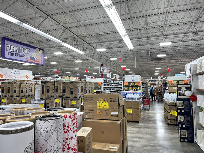 "Furniture For Cheap" isn't just a sign – it's a lifestyle manifesto. This aisle promises home makeovers that won't require a second mortgage.