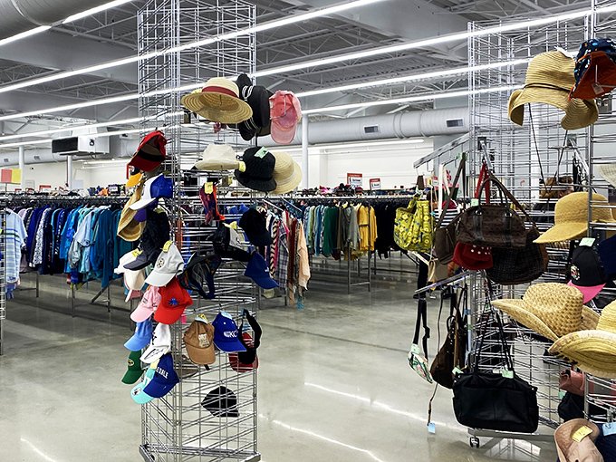 The hat rack carnival—where baseball caps mingle with sun hats in a fashion democracy that would make any milliner smile.
