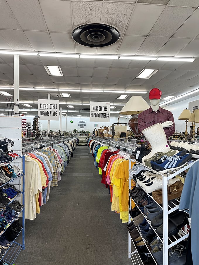 The clothing section: organized with military precision but with the eclectic inventory of a film studio's costume department.