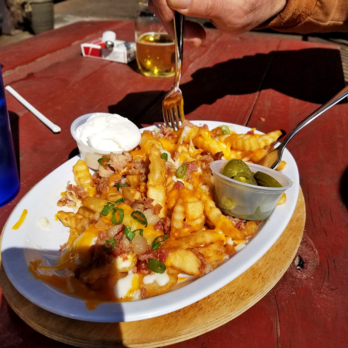 Loaded fries that require both a fork and dedication &ndash; cheese, bacon, green onions, and a dollop of sour cream create a mountain worth conquering.