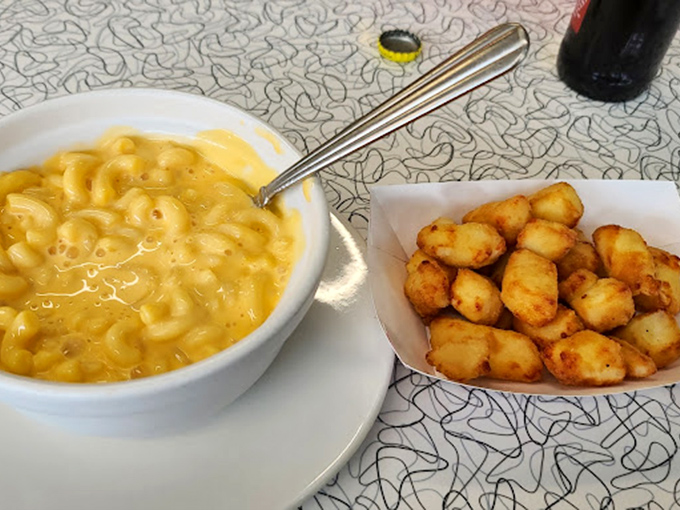 Wisconsin's two greatest contributions to happiness: mac and cheese with tater tots. The ice cream can wait&hellip; for about five minutes. 