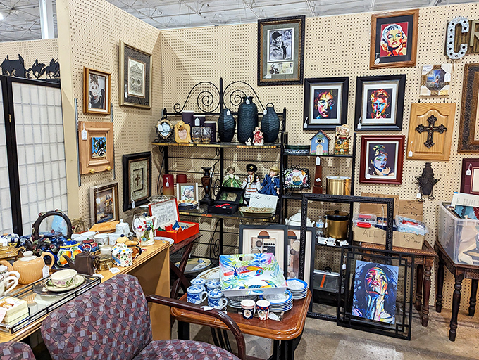 Framed artwork and pop culture icons create a gallery wall that spans generations. Marilyn watches over vintage oddities with her timeless smile.