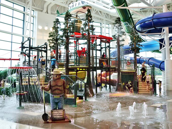 The forest-themed play structure proves that even in a water park, Oregon's woodland identity remains. Smokey Bear would approve, especially since everything's already wet.