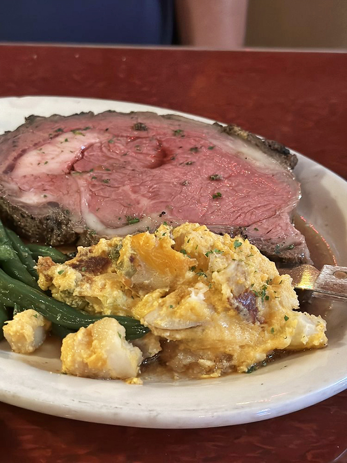 Prime rib cooked with the reverence it deserves. That rosy center speaks of patience and skill that can't be rushed or faked.