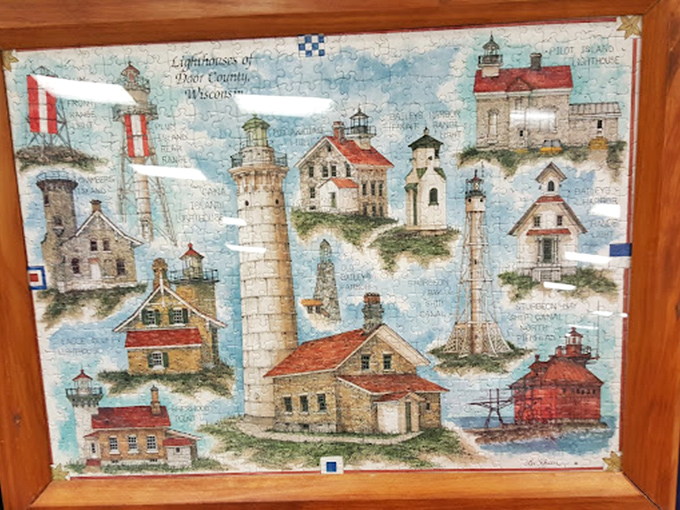 Wisconsin's lighthouses immortalized in puzzle form! Someone spent hours assembling this&mdash;now it can grace your wall for a fraction of gallery prices.