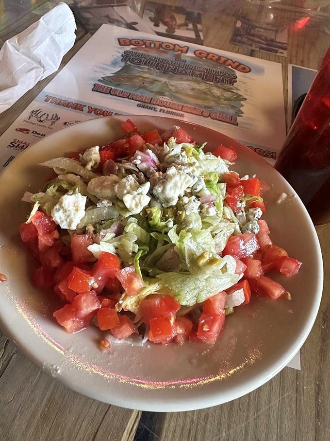 A salad that doesn't apologize for being a salad. Fresh tomatoes, crisp lettuce, and feta that actually tastes like something.