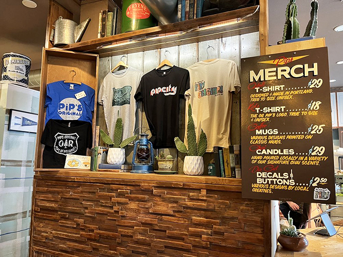 The merch wall proves Pip's has transcended mere eatery status to become a lifestyle brand&mdash;because wearing your donut loyalty on your sleeve is perfectly acceptable.